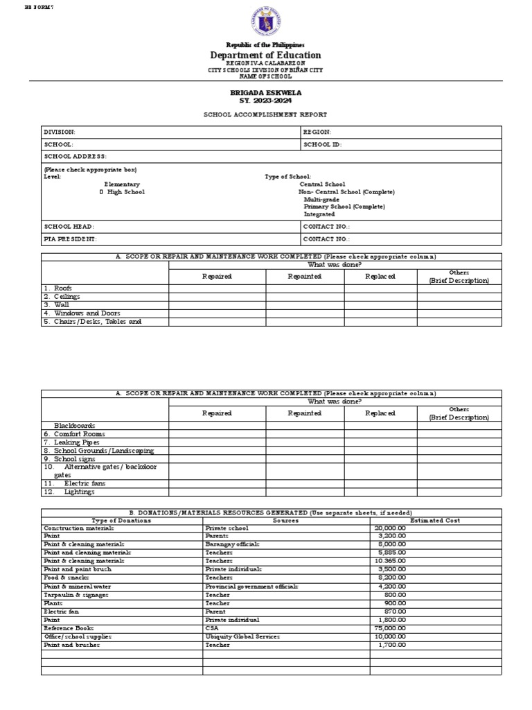 BE FORM 7 - SCHOOL ACCOMPLISHMENT REPORT Donations | PDF