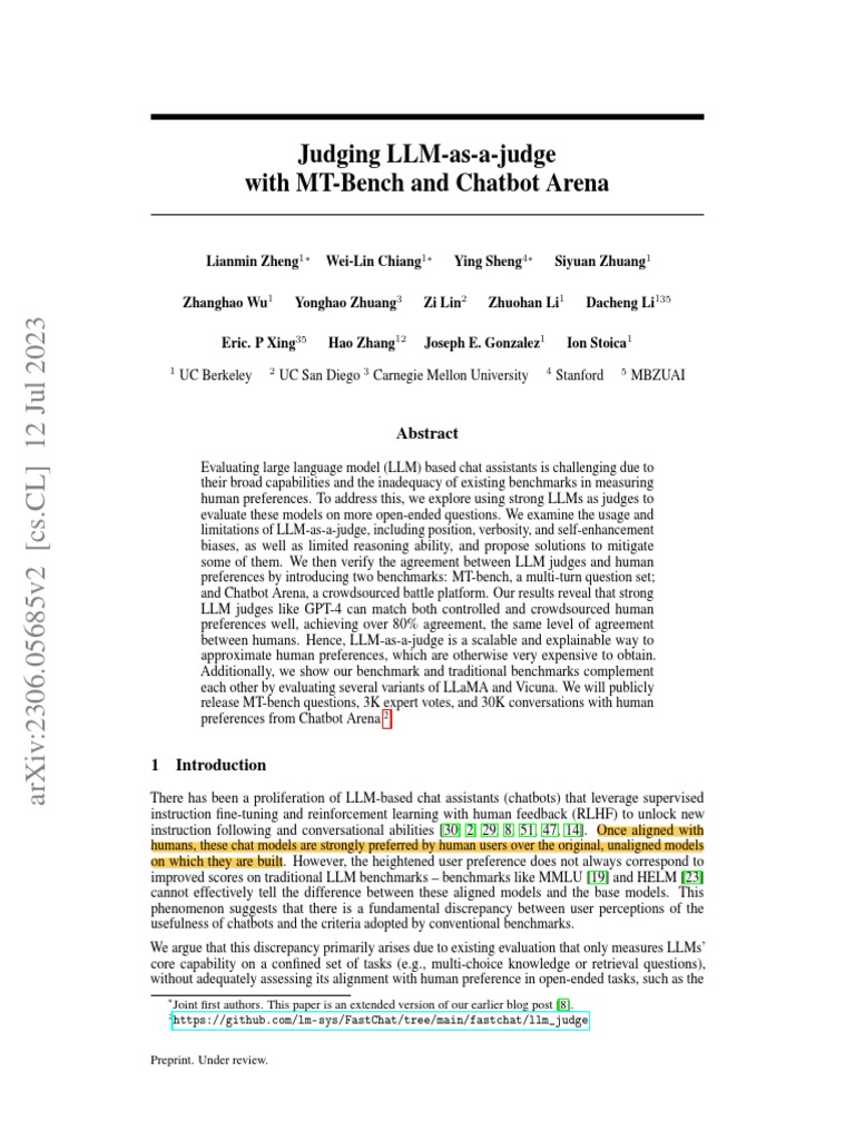 Judging LLM-as-a-judge With MT-Bench and Chatbot Arena | PDF