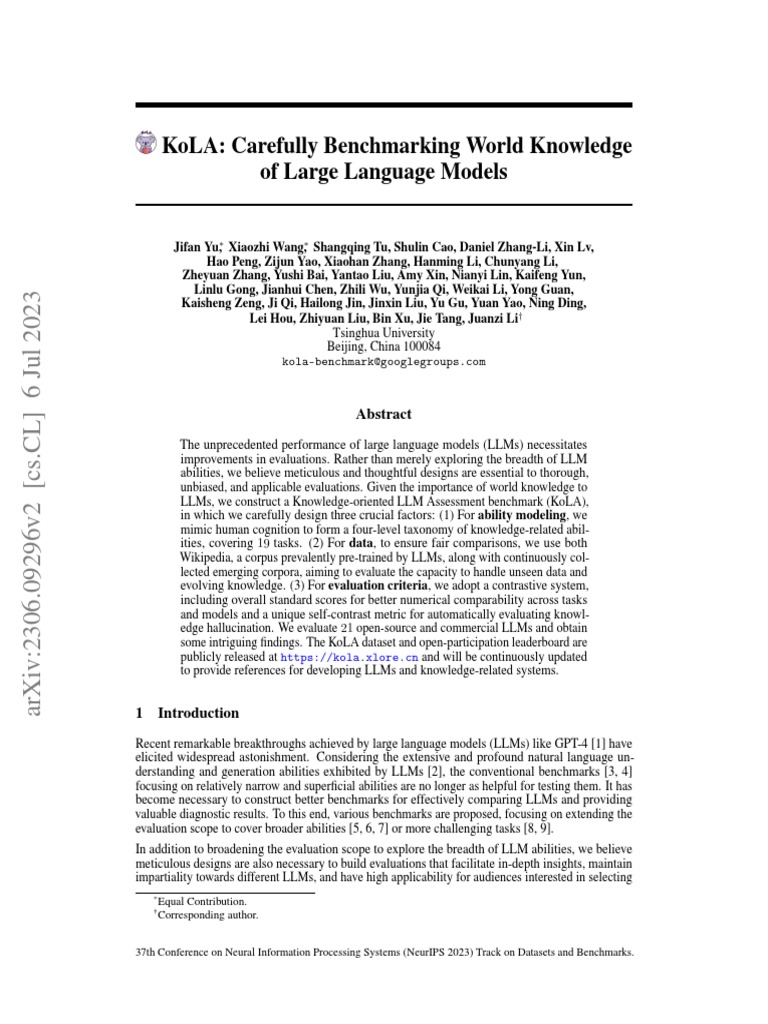 Kola: Carefully Benchmarking World Knowledge of Large Language Models | PDF | Knowledge | Evaluation