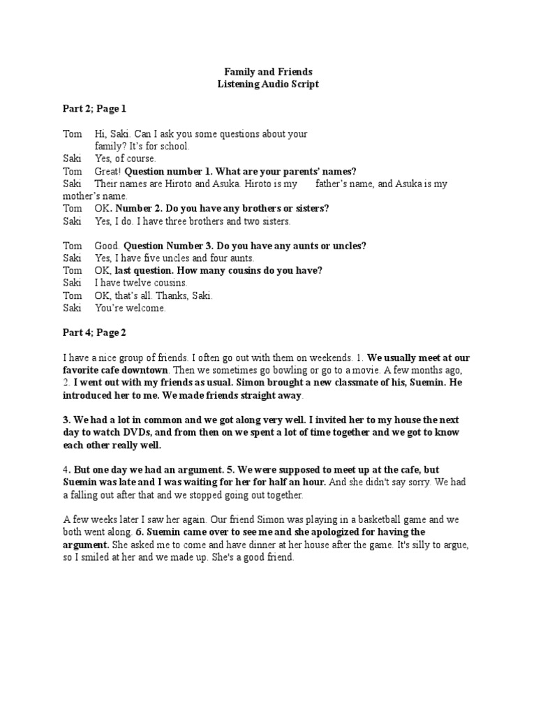 Family and Friends Listening Script | PDF