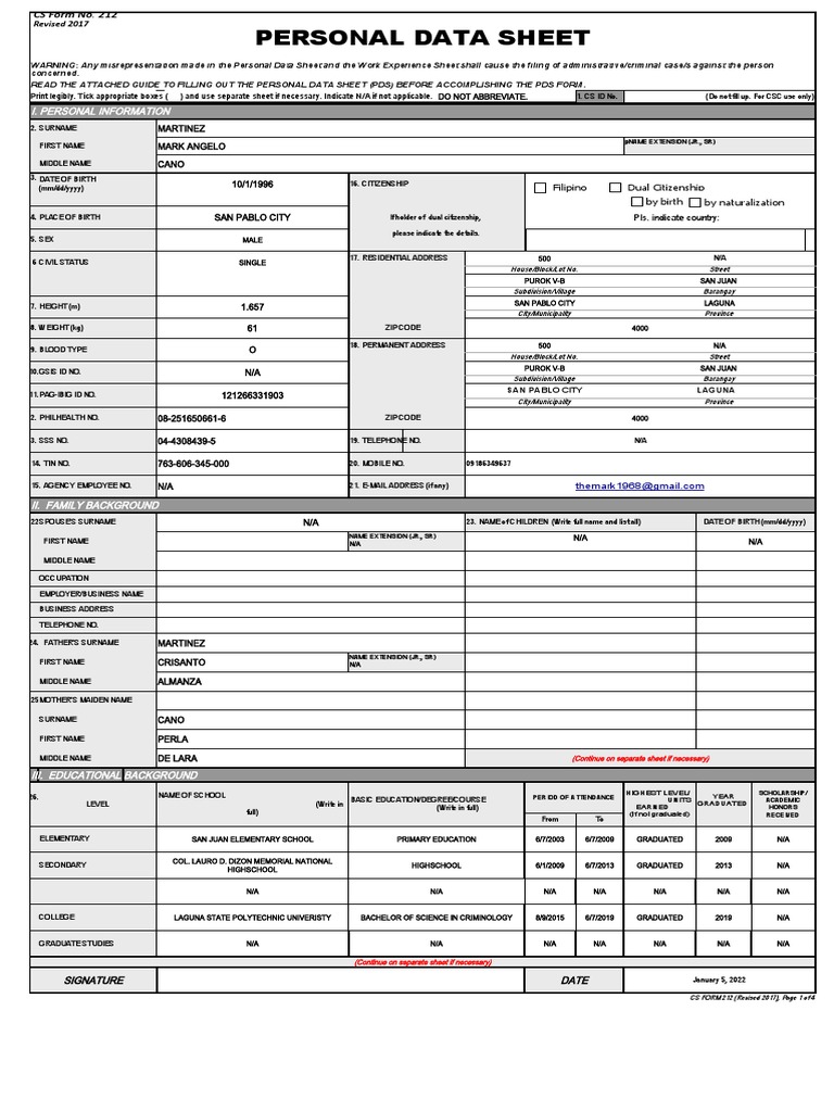 Personal Data Sheet Template | PDF | Crimes | Crime & Violence