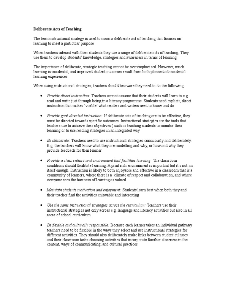 Deliberate Teaching Strategies Explained | PDF | Literacy | Teachers