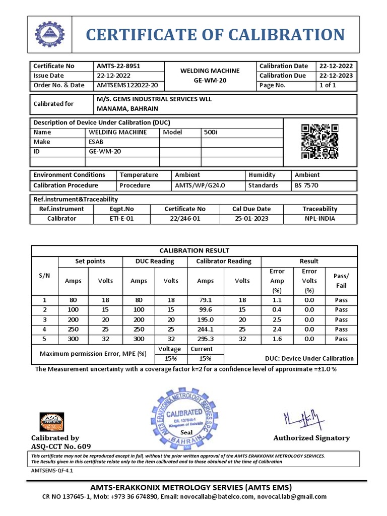 Welding Machine Calibration Certificate | PDF
