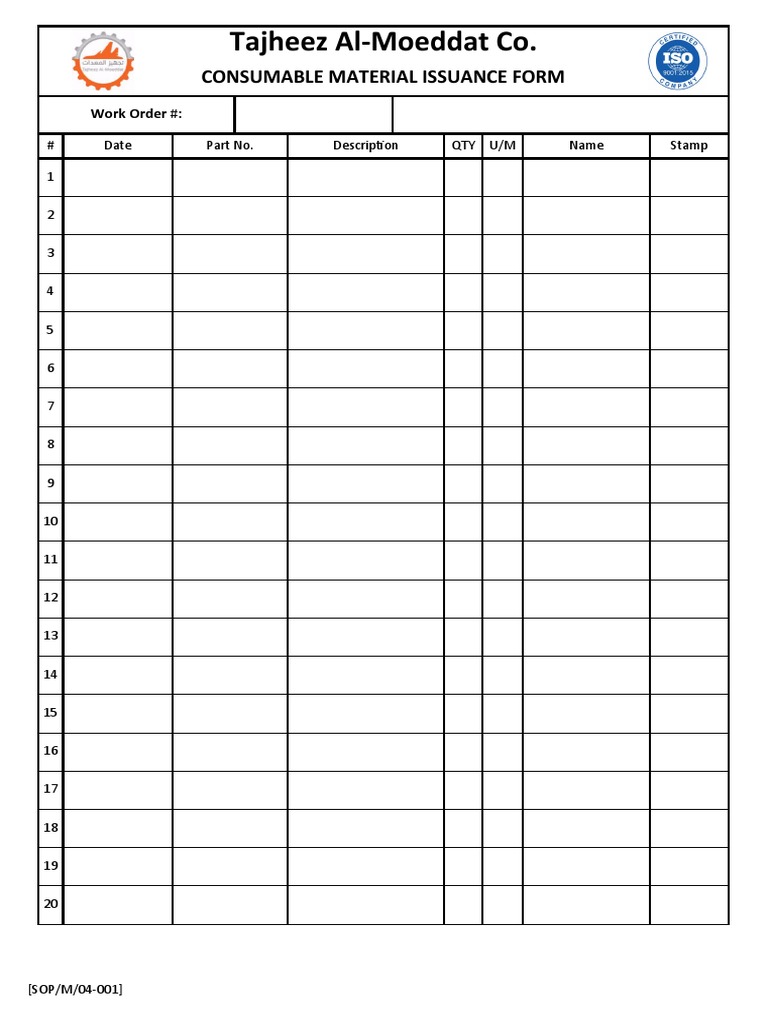 (SOP-M-04) Consumable Material Sheet | PDF