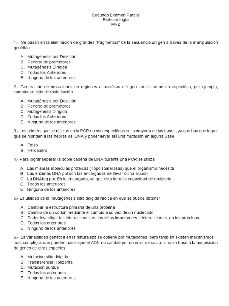 Segundo Examen Parcial Biotecnología 1 | PDF | Adn | Gene