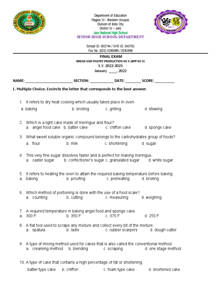 BPP NC II Final Examination 2023 | PDF | Desserts | Cakes
