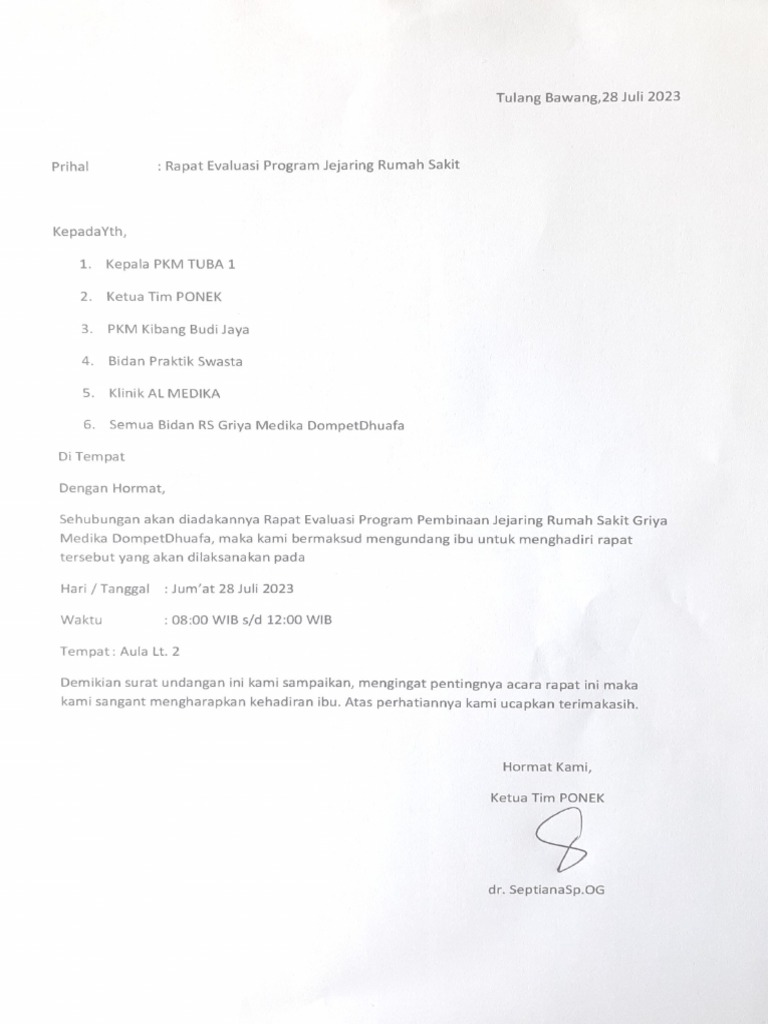 Surat Undangan Rapat Evaluasi Program Jejaring RS | PDF