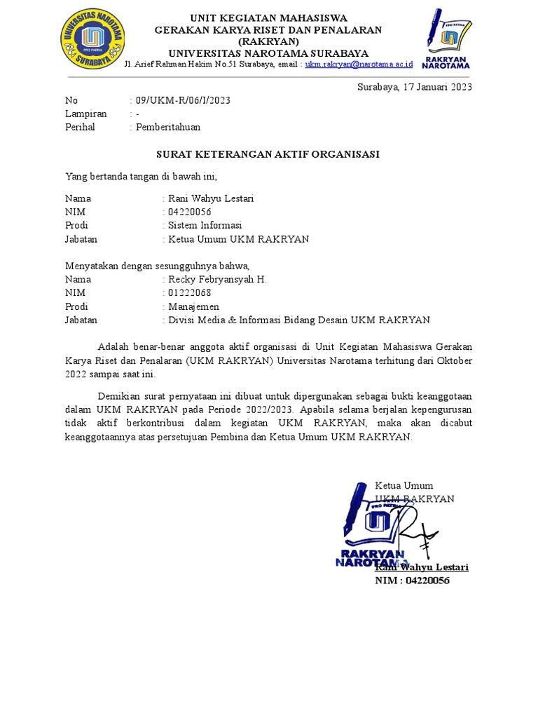 Surat Keterangan Anggota UKM RAKRYAN | PDF