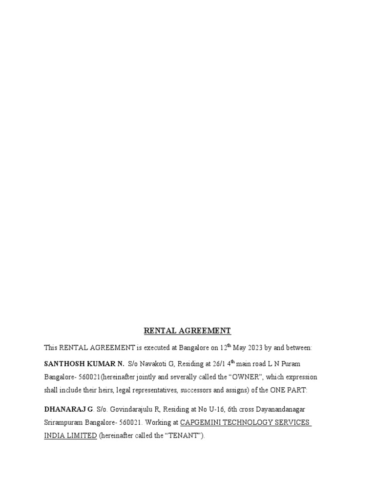 SANTHOSH KUMAR N. S/o Navakoti G, Residing at 26/1 4: Rental Agreement | PDF | Leasehold Estate ...