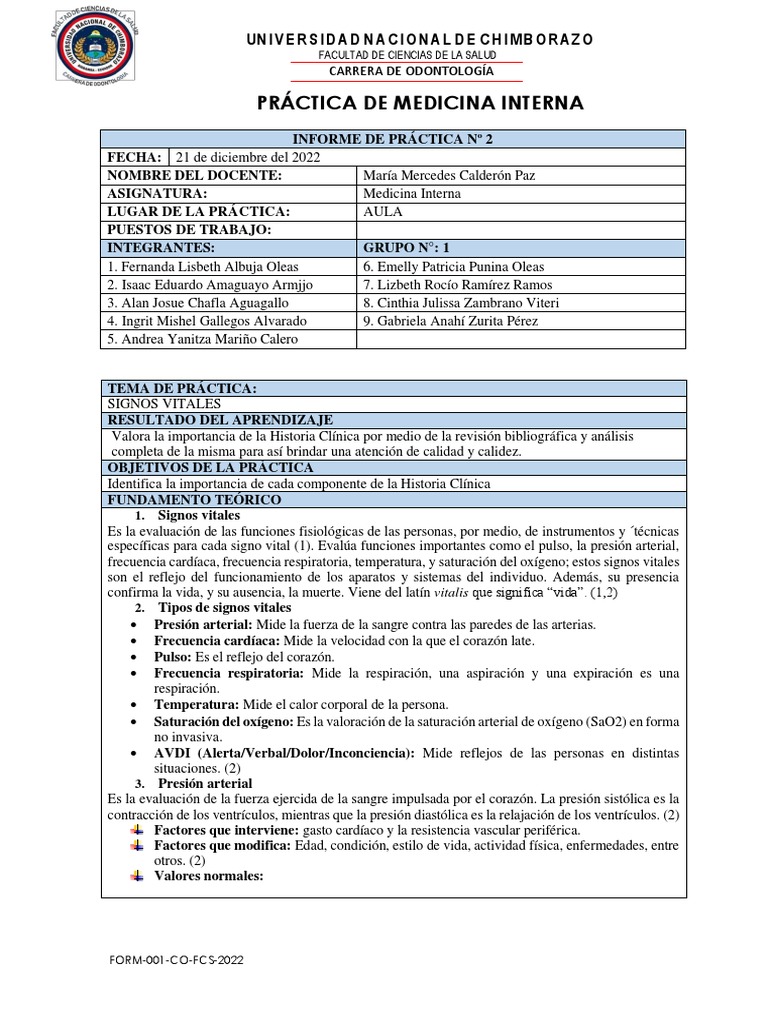Grupo 1 - 5B - Informe de Práctica 2. Signos Vitales | PDF | Presión sanguínea | Hipertensión