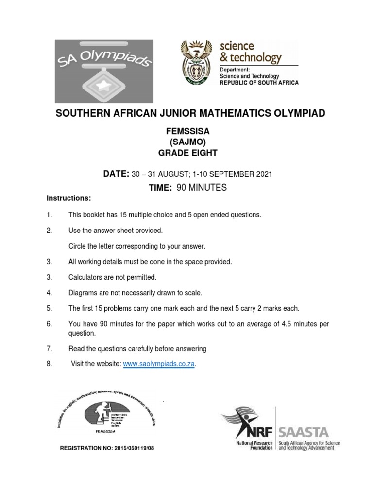 Femssisa Sa Maths Olympiads Grades 8 9 2021 | PDF | Multiple Choice ...