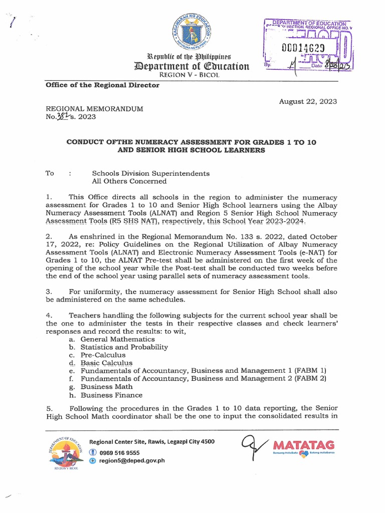 RM - 382 S - 2023 Conduct of The Numeracy Assessment For Grades 1 To 10 ...