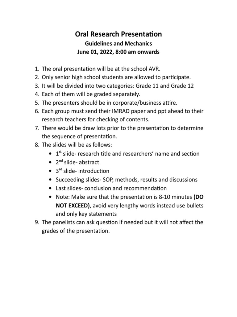 Oral Research Presentation Guidelines and Mechanics | PDF | Art