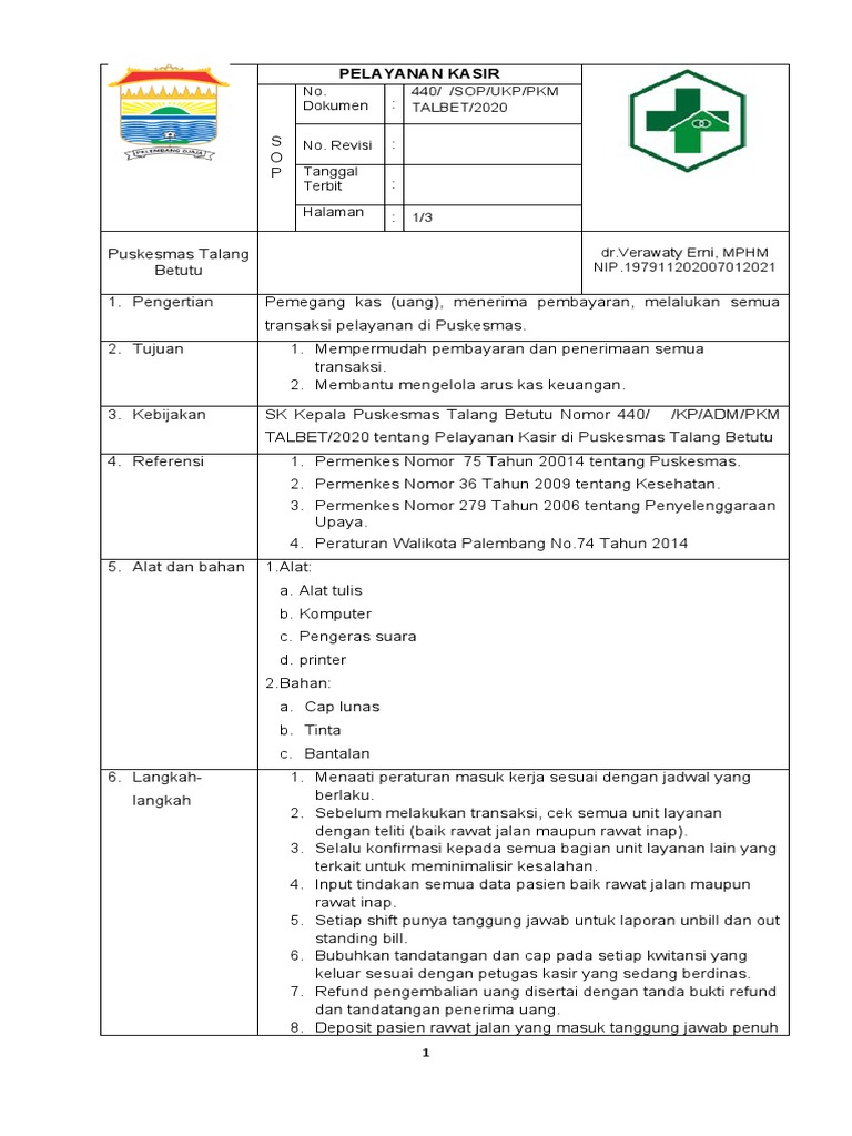 Sop Kasir Puskesmas 2022 | PDF