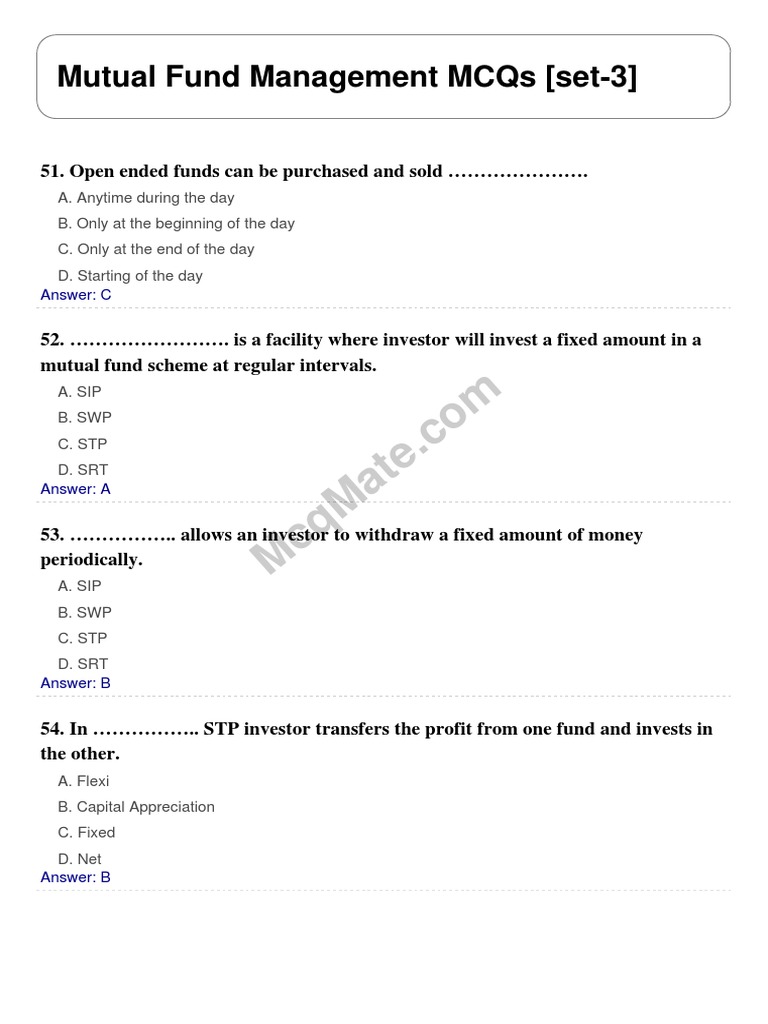 Mutual Fund Management MCQs Set 3 | PDF | Mutual Funds | Investment Fund