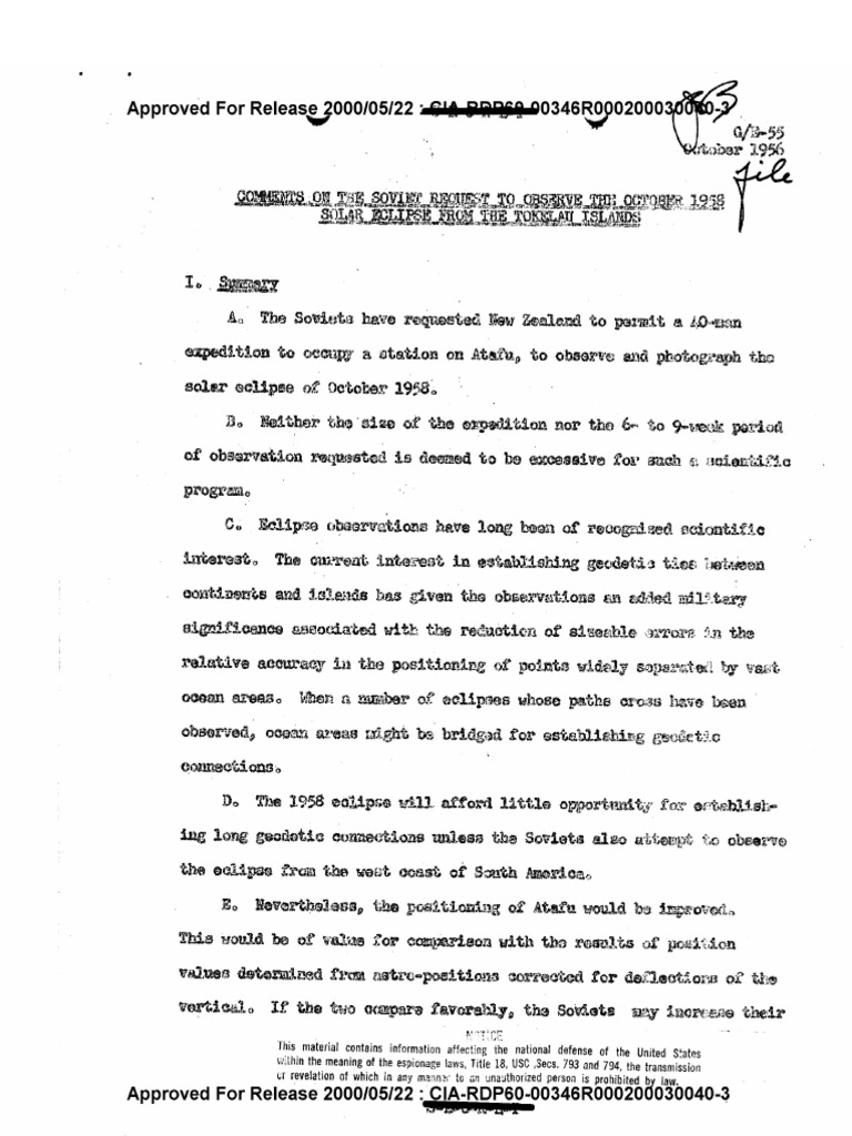CIA Report Comments On The Soviet Request To Observe The October 1958 Solar Eclipse From The ...