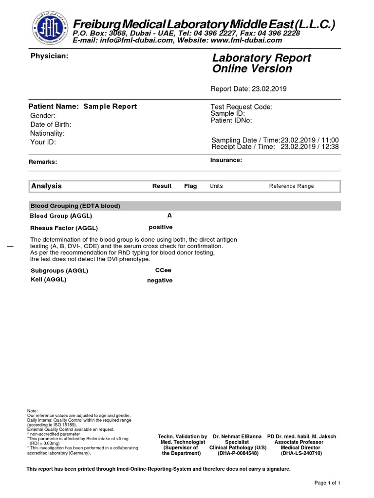 Sample Report Blood Group Sub | PDF | Blood Type | Serology Sample Report Blood Group Sub | PDF | Blood Type | Serology