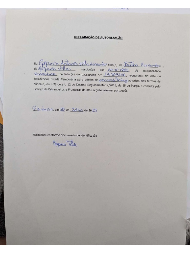 Requerimento para Autorizacao de Consulta Do Registo Criminal Pelo Sef | PDF