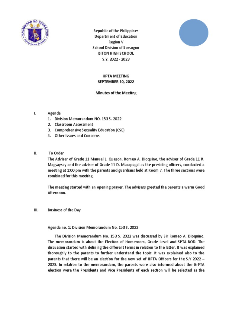 HPTA Meeting Minutes - Sept 2022 | PDF | Sexuality | Human Reproduction