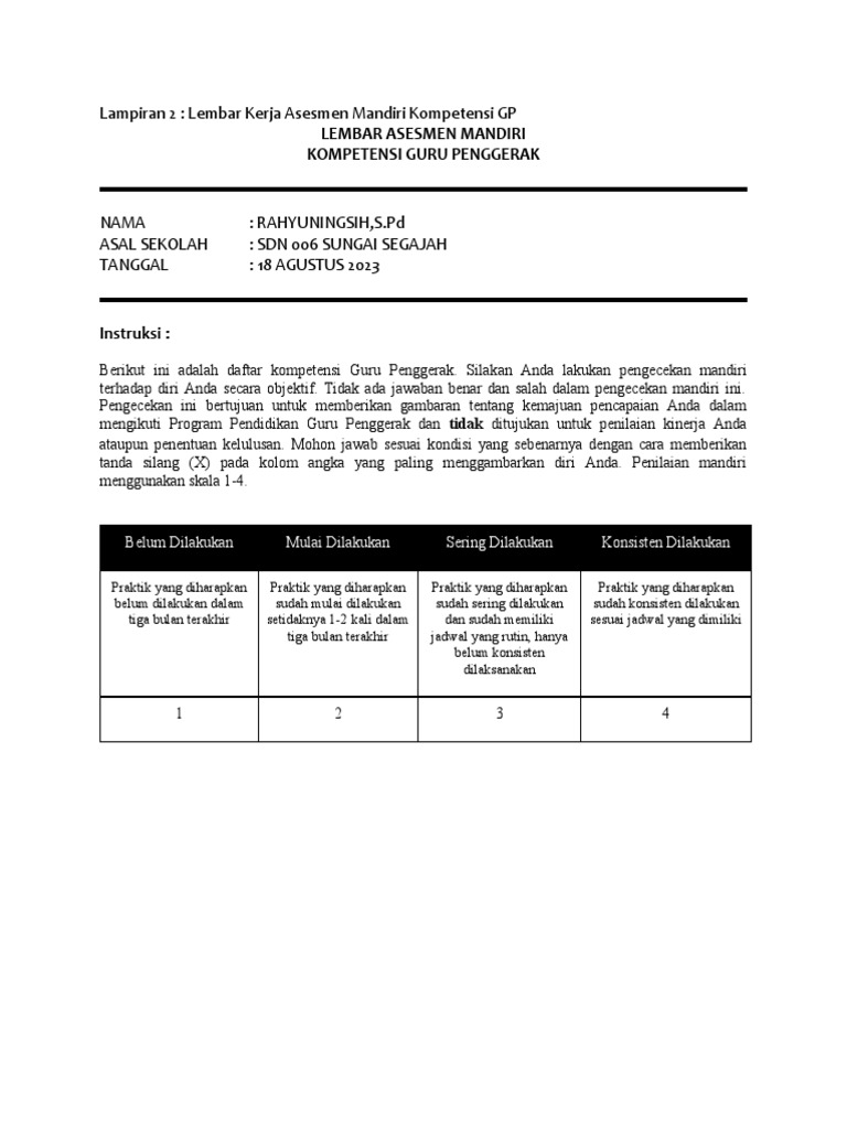 Lampiran 2 - Lembar Kerja Pengecekan Mandiri Kompetensi GP | PDF