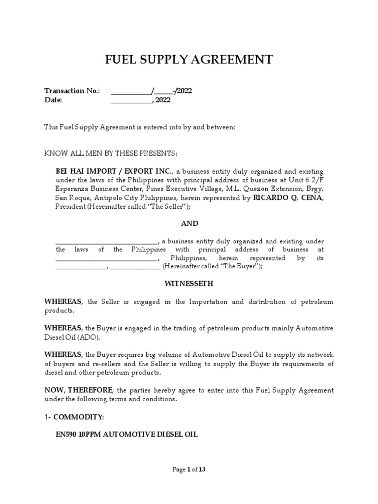 Fuel Supply Agreement Template | PDF | Business | Finance & Money Management