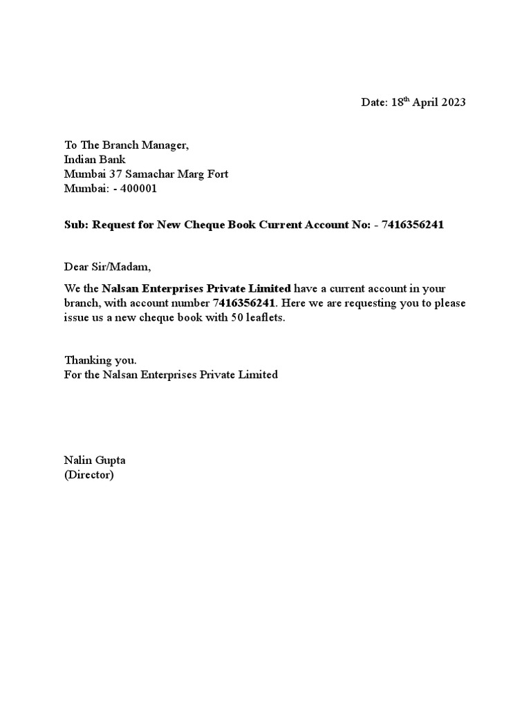 New Cheque Book Request for Nalsan Enterprises | PDF | Career & Growth