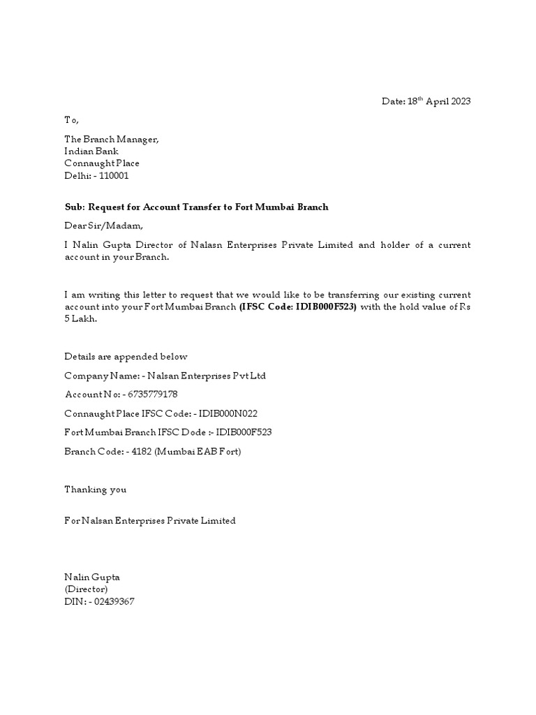 Account Transfer Request Letter | PDF