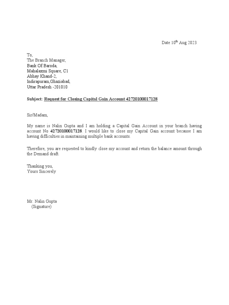 Closure of Capital Gain Bank Account | PDF