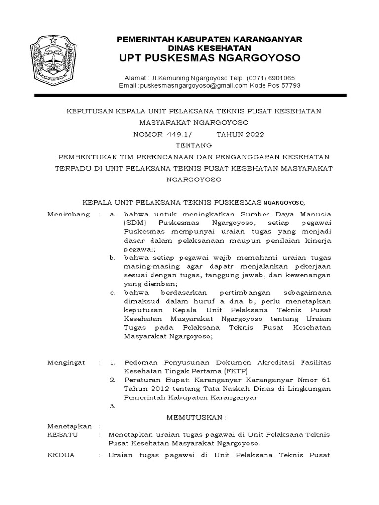 SK Uraian Tugas Pegawai Pusk Ngargoyoso | PDF