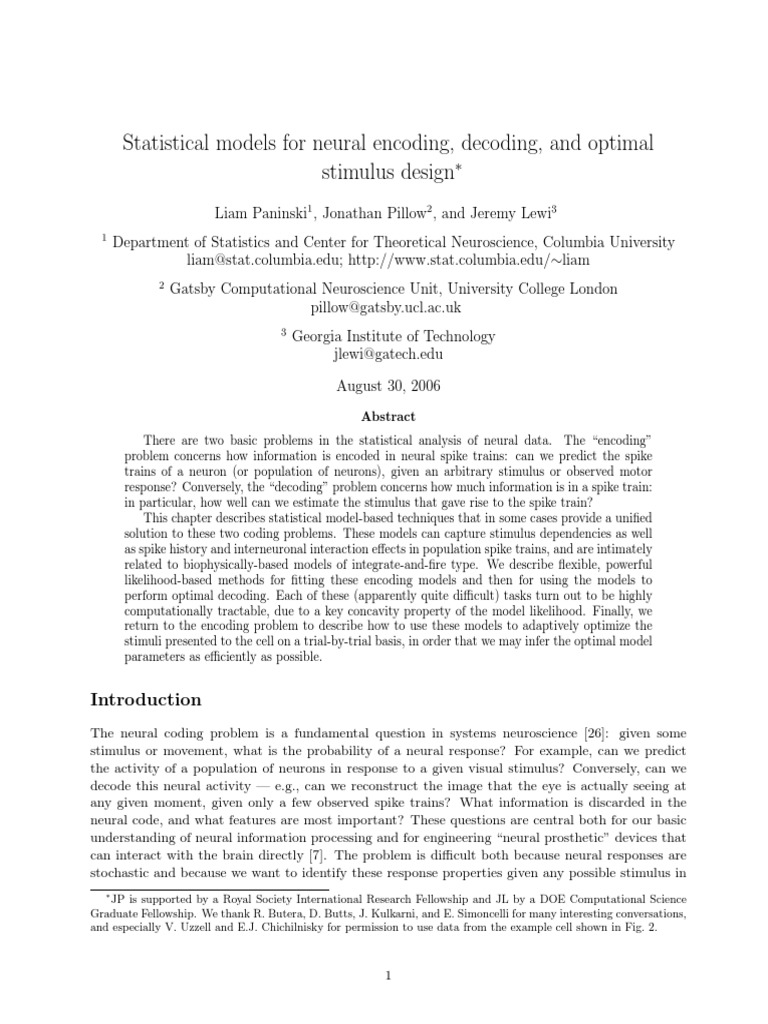 2006 - Statistical Models For Neural Encoding, Decoding, and Optimal ... 2006 - Statistical Models For Neural Encoding, Decoding, and Optimal ...