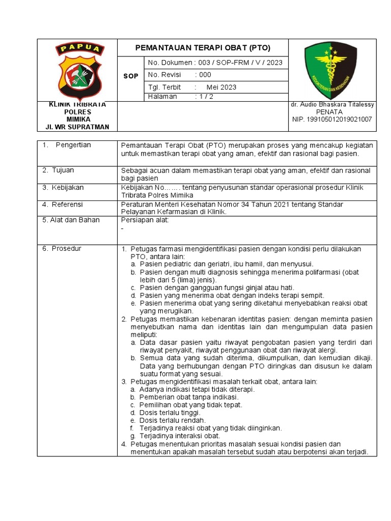 Sop Pemantauan Terapi Obat (Pto) | PDF
