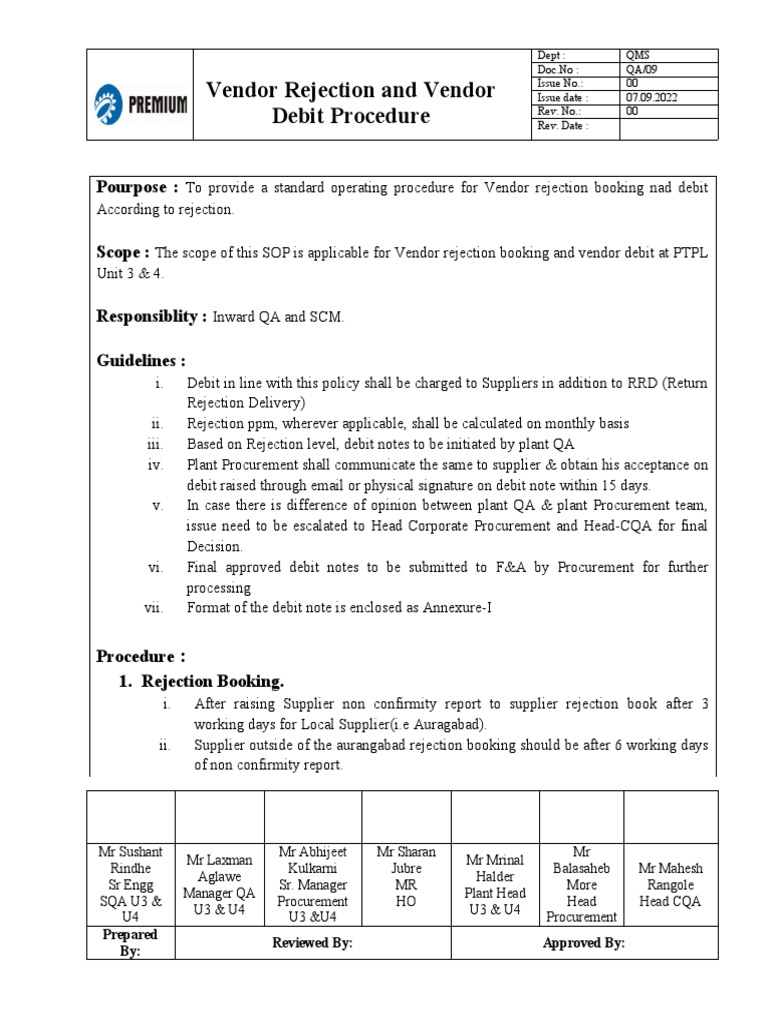 Vendor Rejection and Debit Policy | PDF | Business