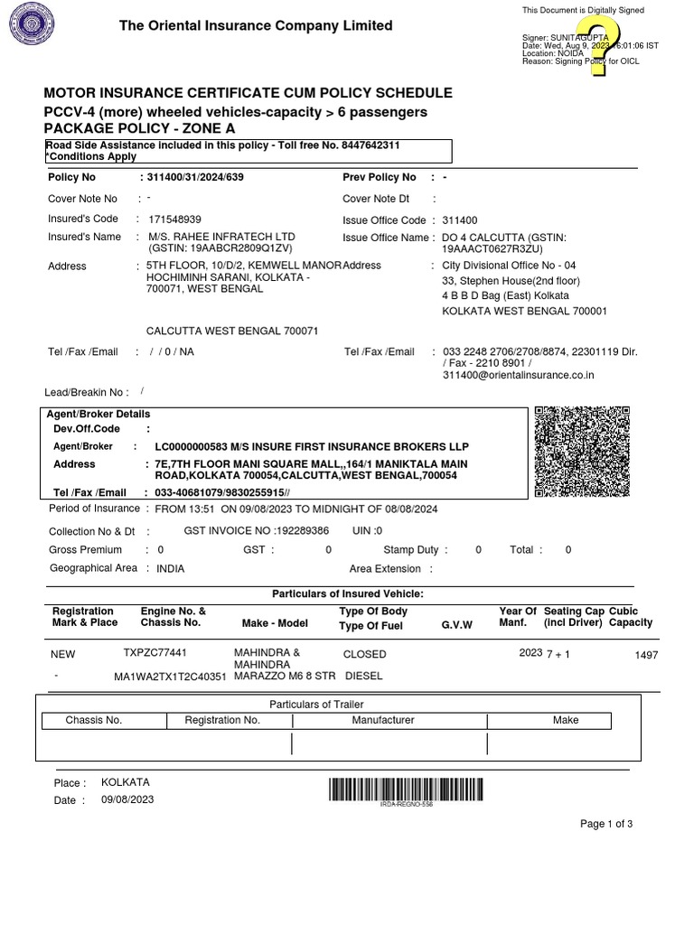 Policy 311400-31-2024-639 Chs. No.-Ma1wa2tx1t2c40351 | PDF | Insurance ...