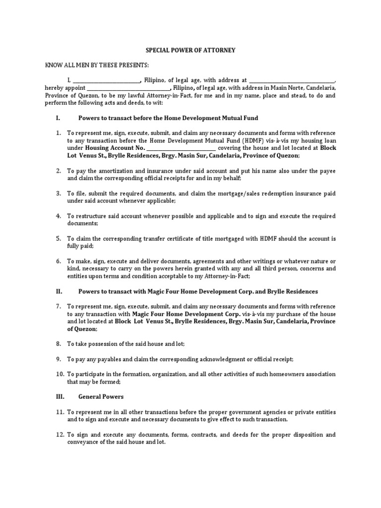 SPECIAL POWER OF ATTORNEY -HDMF | PDF | Power Of Attorney | Business