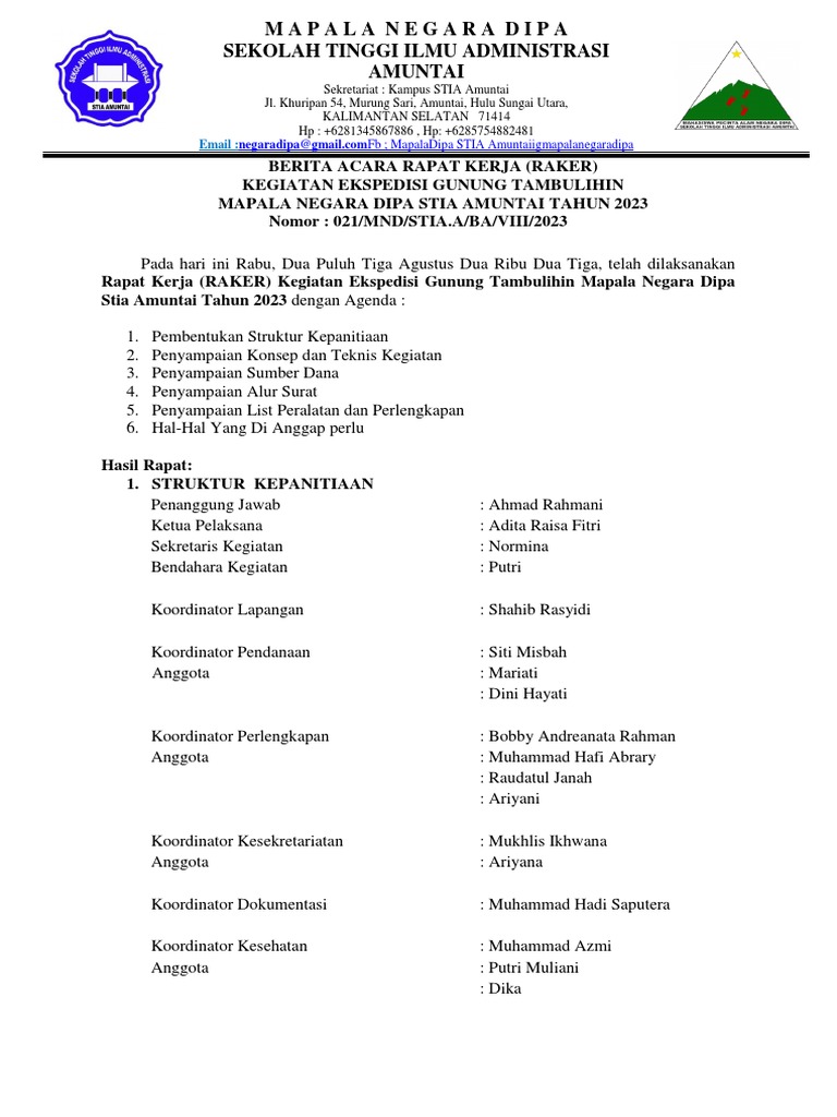 Berita Acara Raker Lantap Ekspedisi Gunung Tambulihin | PDF