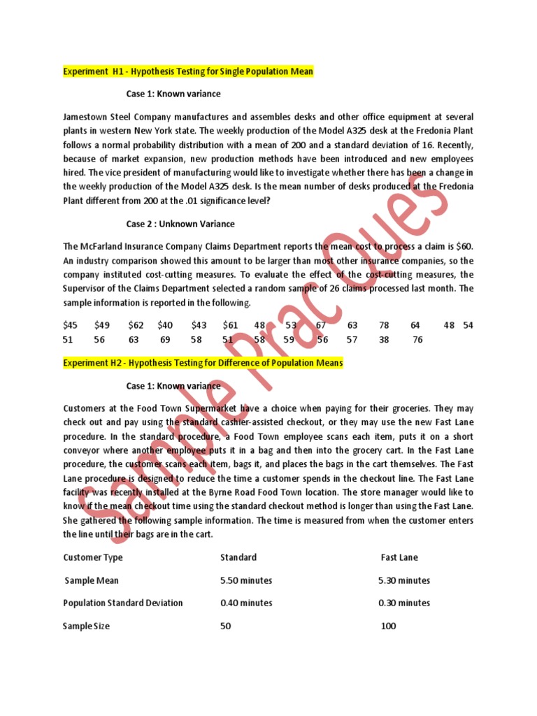 Hypothesis Prac File Sample Questions | PDF