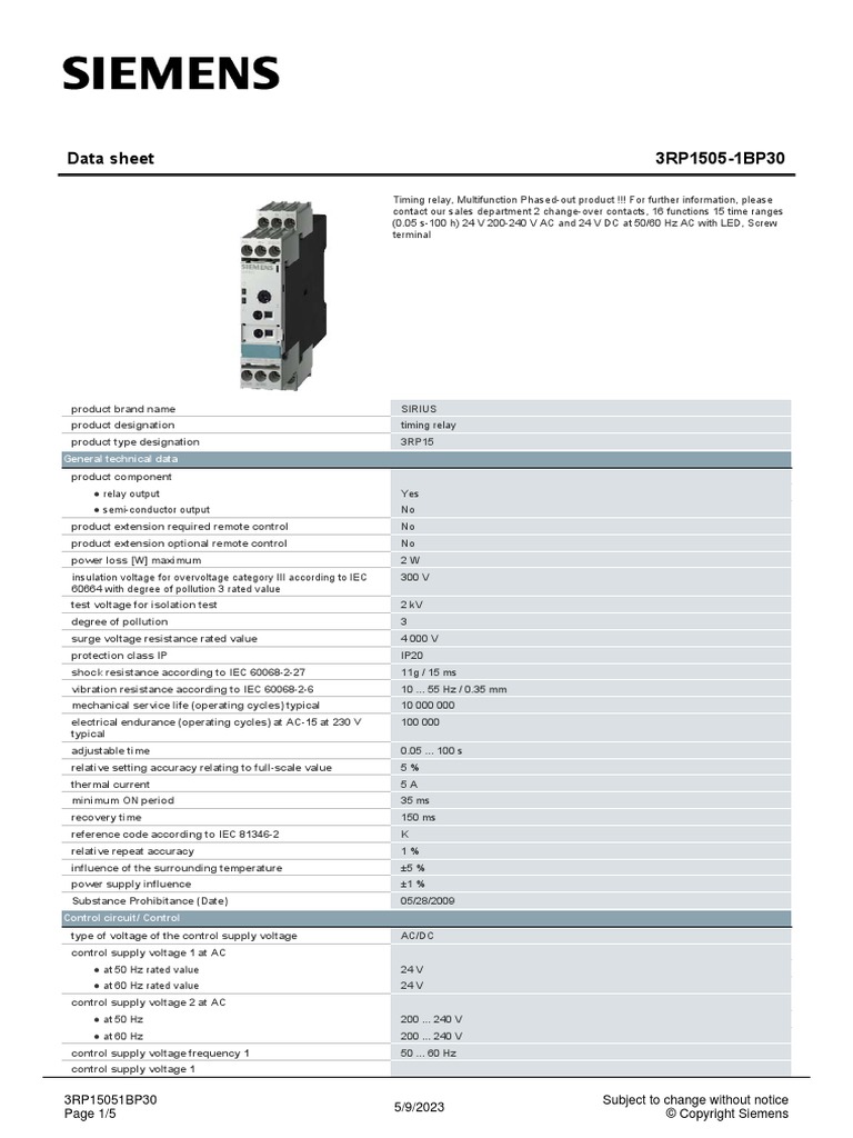 SIEMENS SIRIUS 3RP1505-1BP30 - Datasheet | PDF | Alternating Current | Relay