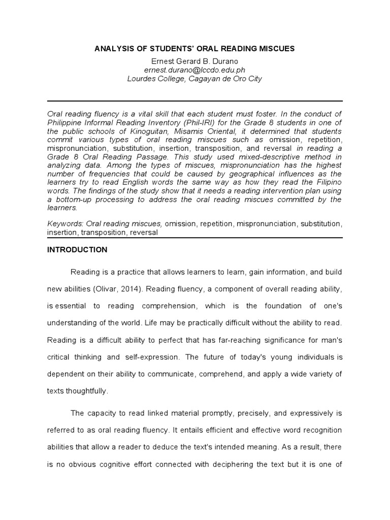 Analysis of Students' Oral Reading Miscues | PDF