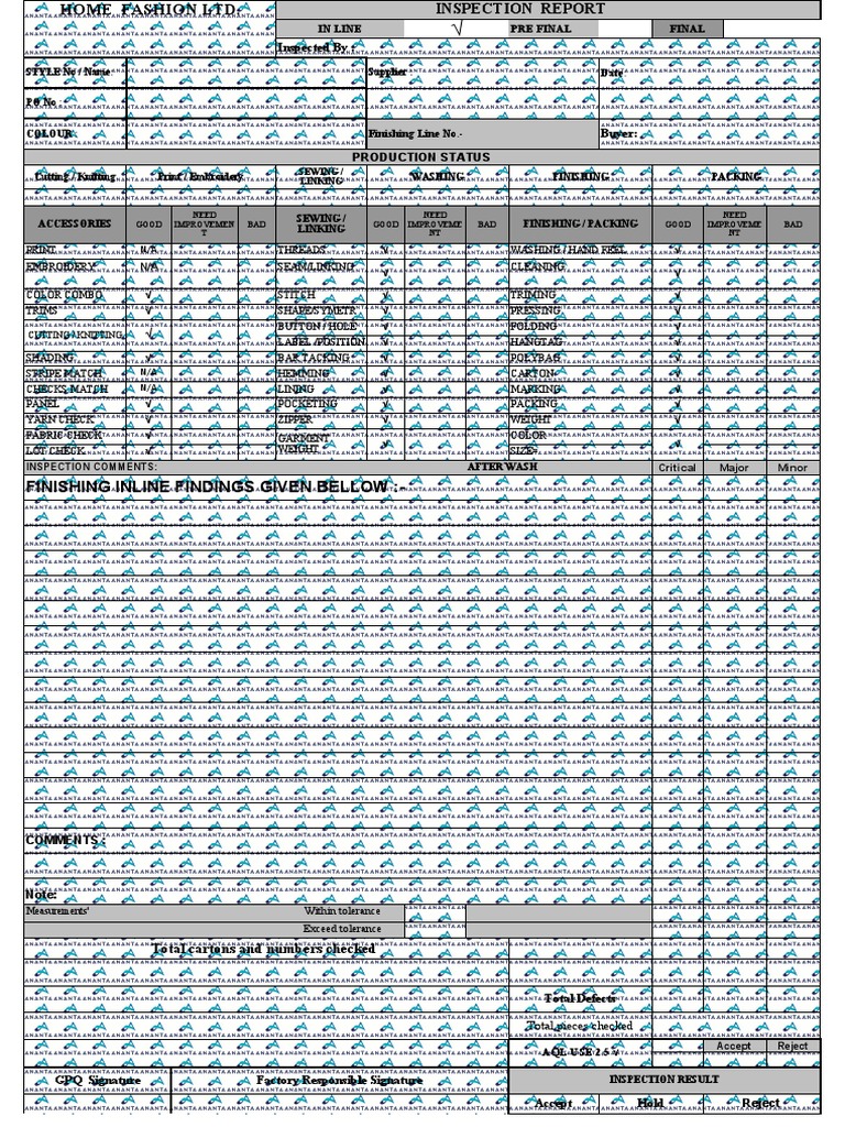 Finishing Inline Inspection Format | PDF | Knitting | Sewing
