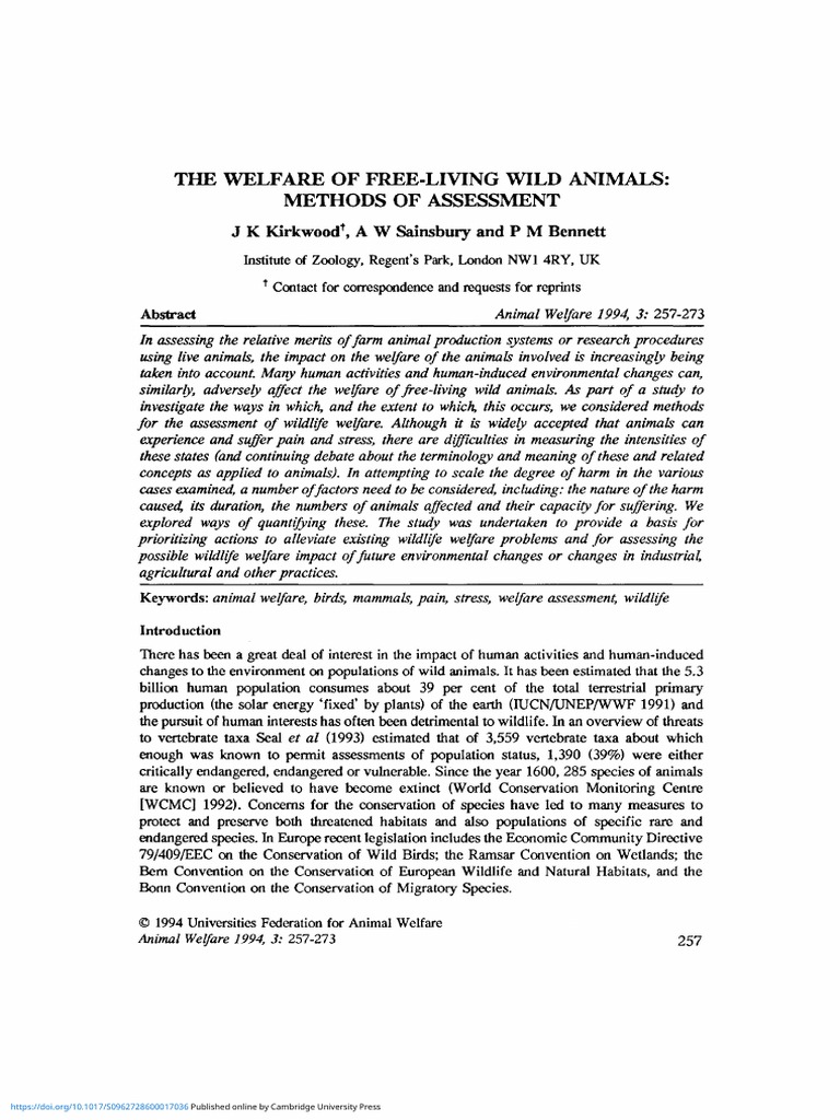 The Welfare of Free Living Wild Animals Methods of Assessment | PDF