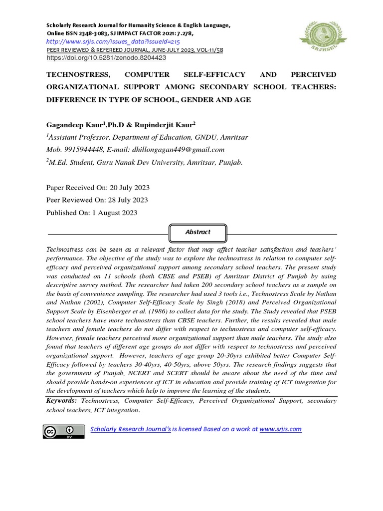 Technostress, Computer Self-Efficacy and Perceived Organizational Support Among Secondary School ...