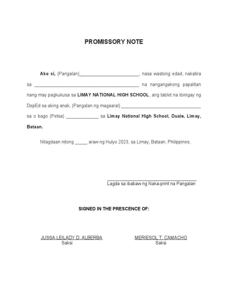Simple Promissory Note With No Conditions Tagalog | PDF