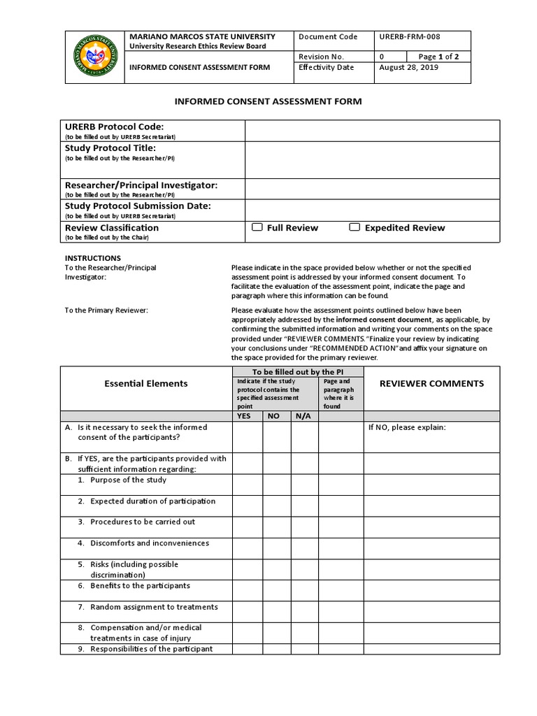 URERB Form 8 Informed Consent Assessment Form REVISED | PDF