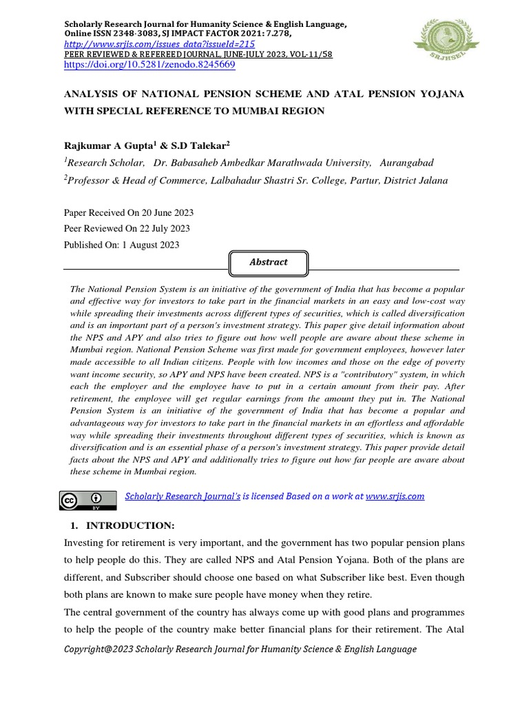 Analysis of National Pension Scheme and Atal Pension Yojana With ...