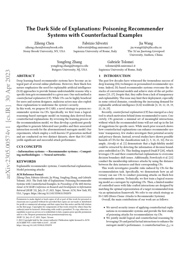 The Dark Side of Explanations: Poisoning Recommender Systems With Counterfactual Examples | PDF ...