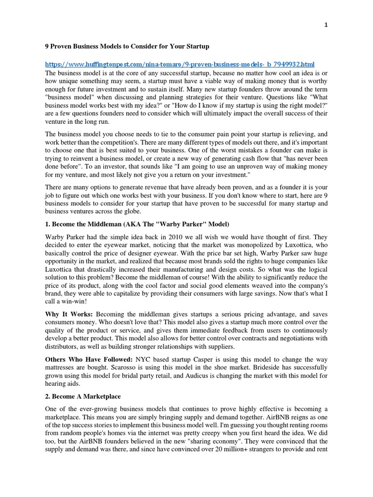 9 Proven Startup Business Models | PDF | Startup Company | Small ...
