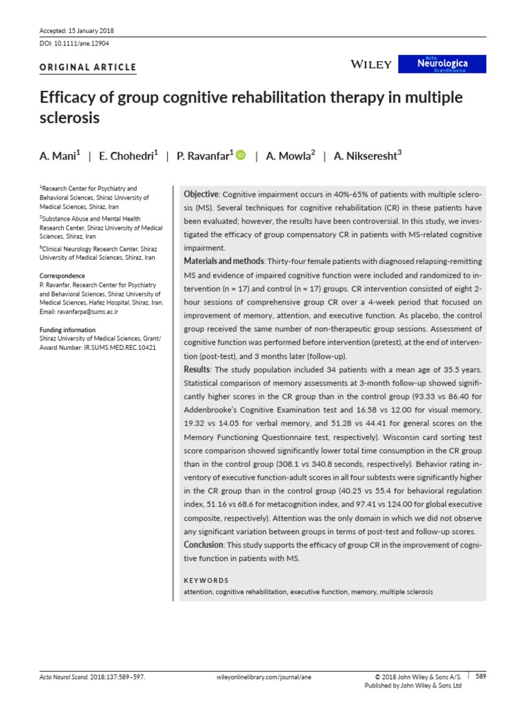 Acta Neuro Scandinavica - 2018 - Mani - Efficacy of Group Cognitive Rehabilitation Therapy in ...