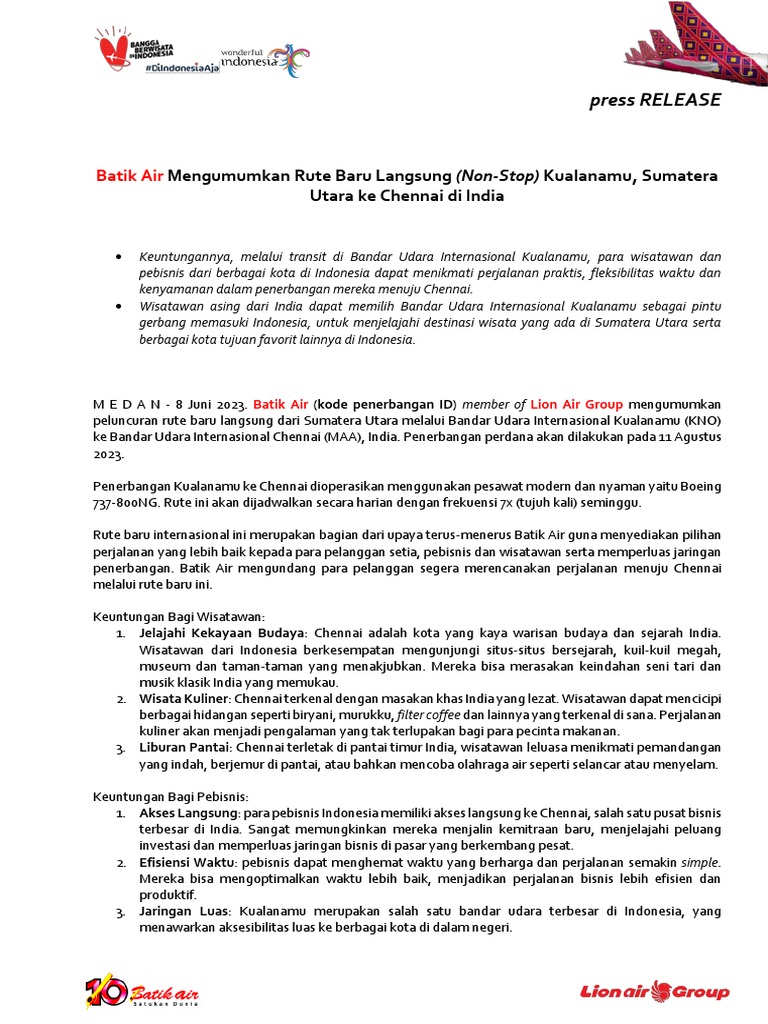 (2023) Press RELEASE - Batik Air Mengumumkan Rute Baru Langsung Non-Stop Medan Kualanamu Ke ...