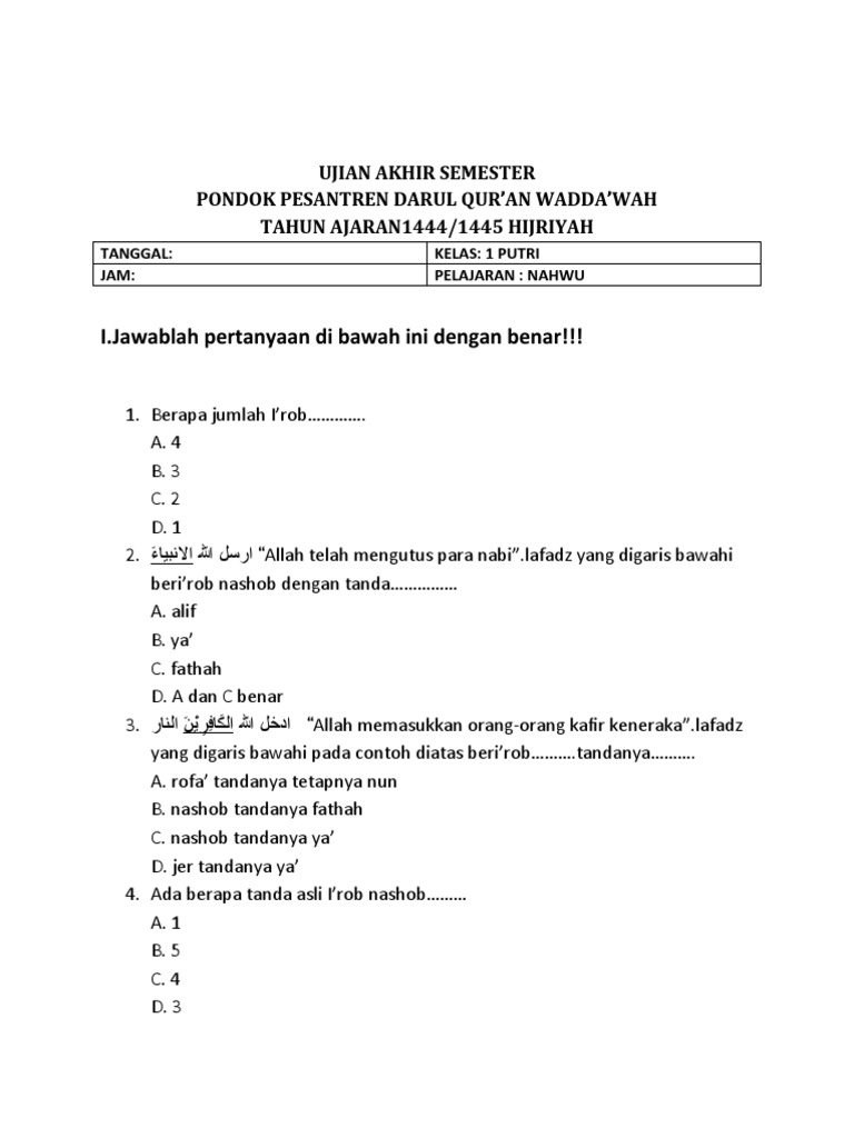 Soal Nahwu Kelas Satu Semester Akhir | PDF