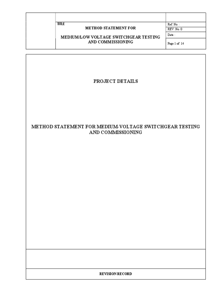 Method Statement For Medium Voltage Switchgear Testing And